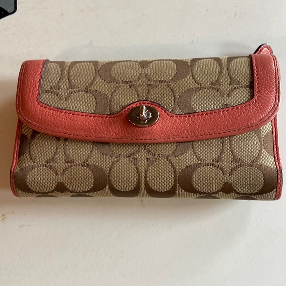 Coach | Bags | Coach Signature Wallet Tan With Pink Trim | Poshmark